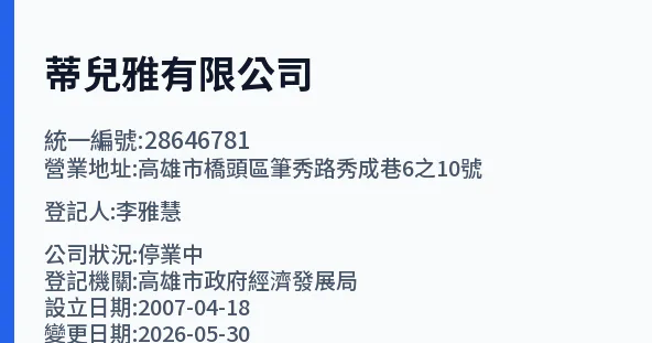 蒂兒雅有限公司的照片-統編 28646781(高雄市) 公司登記資料與營業項目詳細圖表