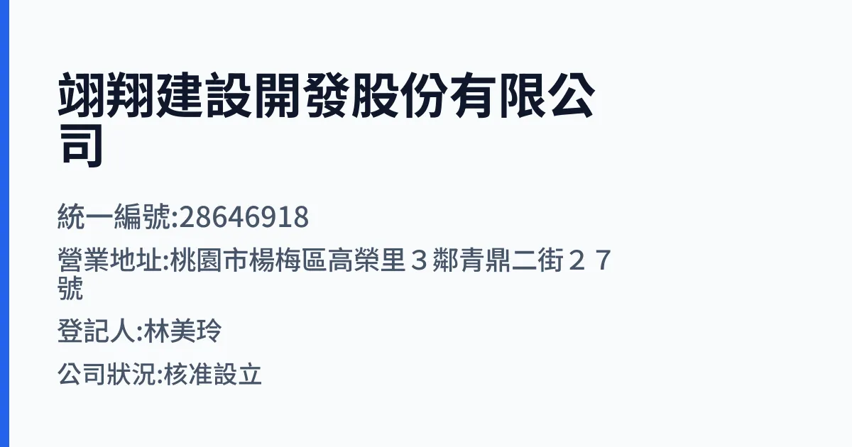 翊翔建設開發股份有限公司 - 統編 28646918(桃園市) 公司登記資料與營業項目詳細圖表