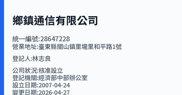 鄉鎮通信有限公司的照片-統編 28647228(臺東縣) 公司登記資料與營業項目詳細圖表
