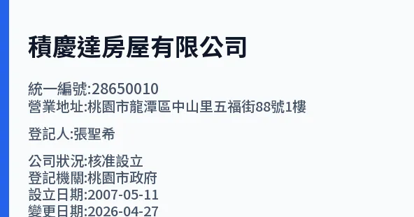 積慶達房屋有限公司的照片-統編 28650010(桃園市) 公司登記資料與營業項目詳細圖表
