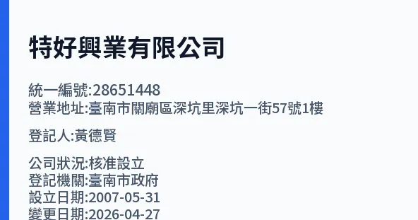 特好興業有限公司的照片-統編 28651448(臺南市) 公司登記資料與營業項目詳細圖表