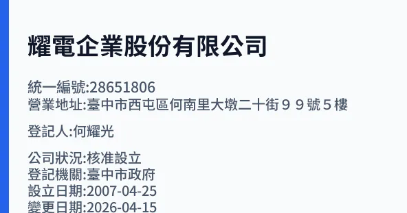 耀電企業股份有限公司的照片-統編 28651806(臺中市) 公司登記資料與營業項目詳細圖表