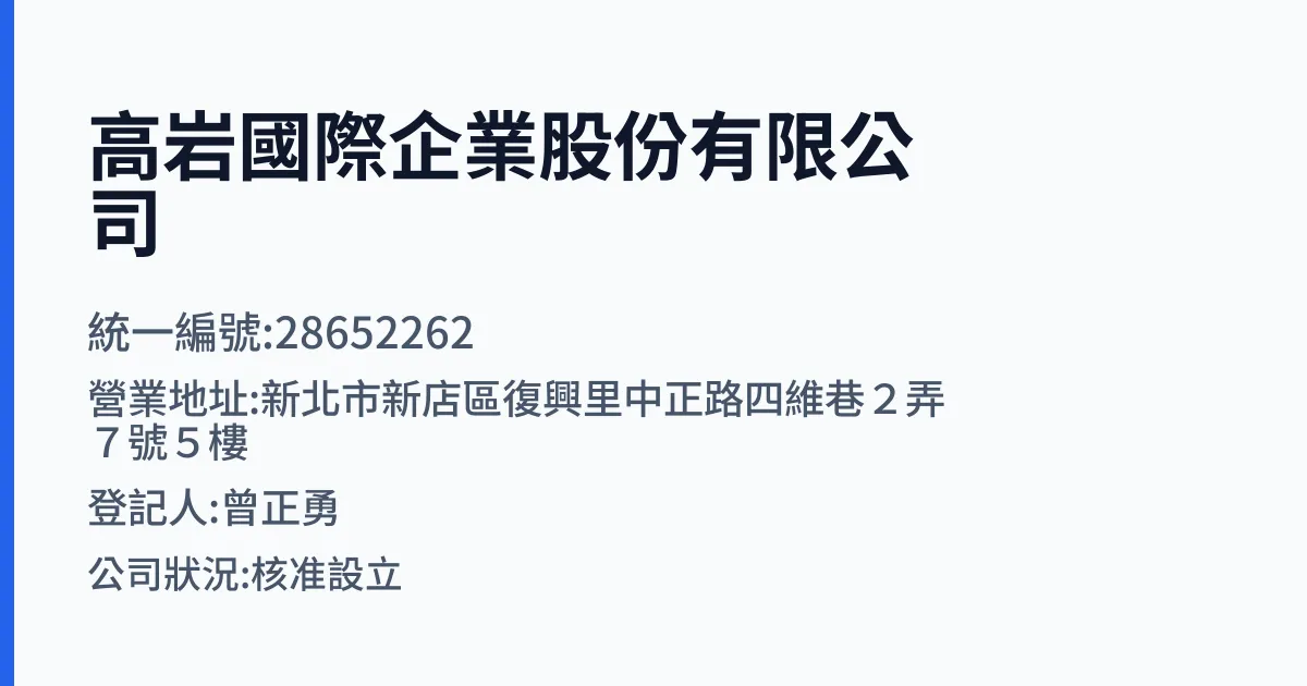 高岩國際企業股份有限公司 - 統編 28652262(新北市) 公司登記資料與營業項目詳細圖表
