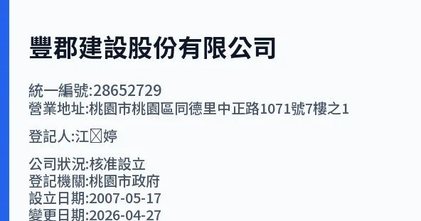 豐郡建設股份有限公司的照片-統編 28652729(桃園市) 公司登記資料與營業項目詳細圖表