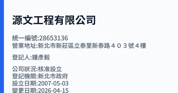 源文工程有限公司的照片-統編 28653136(新北市) 公司登記資料與營業項目詳細圖表