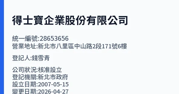 得士寶企業股份有限公司的照片-統編 28653656(新北市) 公司登記資料與營業項目詳細圖表