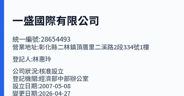 一盛國際有限公司的照片-統編 28654493(彰化縣) 公司登記資料與營業項目詳細圖表