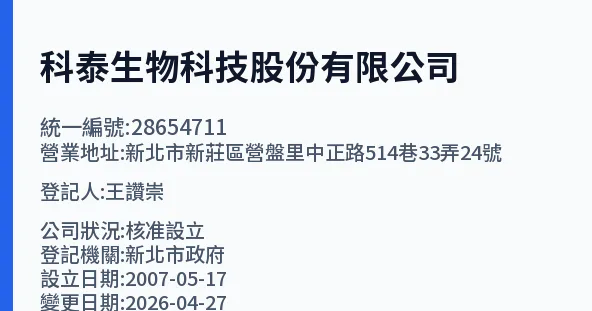 科泰生物科技股份有限公司的照片-統編 28654711(新北市) 公司登記資料與營業項目詳細圖表