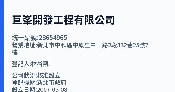 巨峯開發工程有限公司的照片-統編 28654965(新北市) 公司登記資料與營業項目詳細圖表