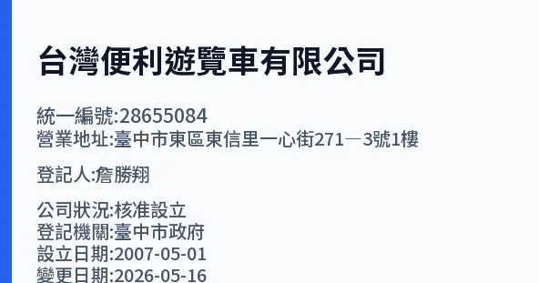 台灣便利遊覽車有限公司的照片-統編 28655084(臺中市) 公司登記資料與營業項目詳細圖表