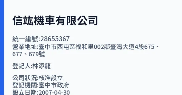 信竑機車有限公司的照片-統編 28655367(臺中市) 公司登記資料與營業項目詳細圖表