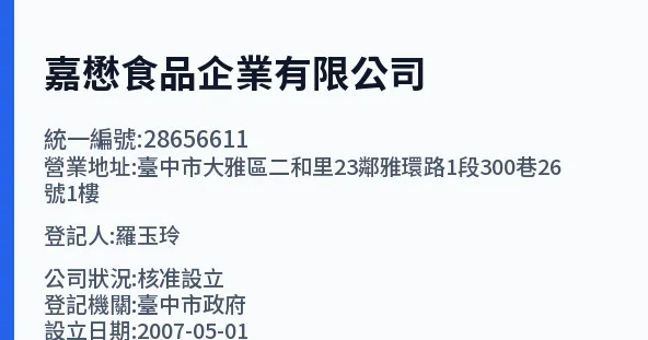 嘉懋食品企業有限公司的照片-統編 28656611(臺中市) 公司登記資料與營業項目詳細圖表