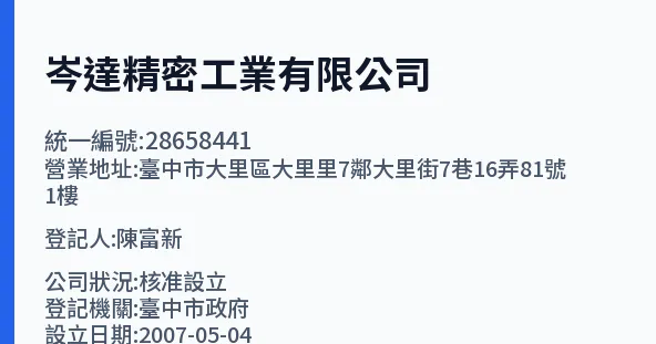 岑達精密工業有限公司的照片-統編 28658441(臺中市) 公司登記資料與營業項目詳細圖表