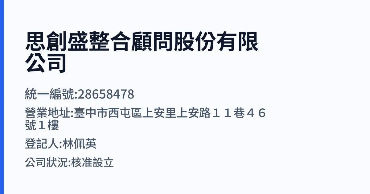 思創盛整合顧問股份有限公司 - 統編 28658478（臺中市） 公司登記資料與營業項目詳細圖表