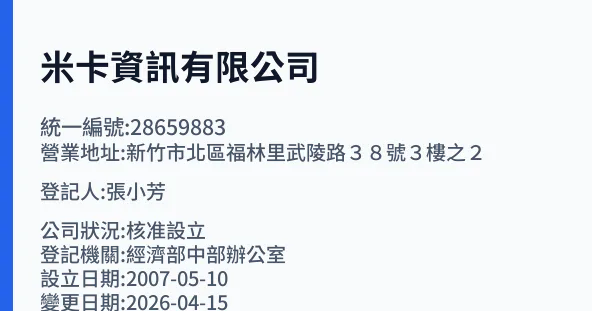 米卡資訊有限公司的照片-統編 28659883(新竹市) 公司登記資料與營業項目詳細圖表