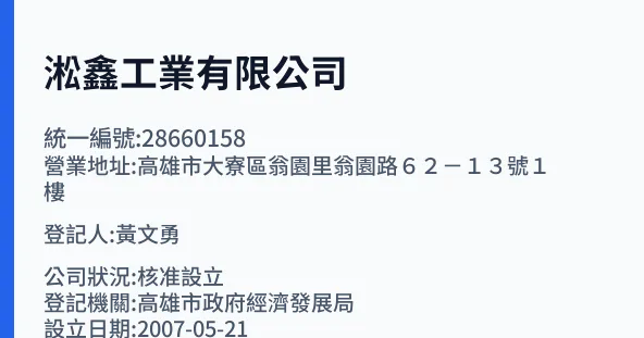 淞鑫工業有限公司的照片-統編 28660158(高雄市) 公司登記資料與營業項目詳細圖表