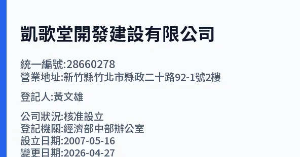 凱歌堂開發建設有限公司的照片-統編 28660278(新竹縣) 公司登記資料與營業項目詳細圖表