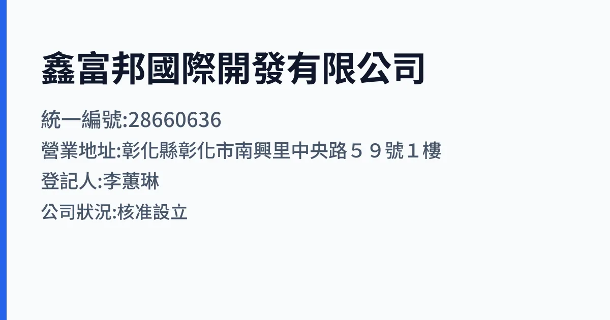 鑫富邦國際開發有限公司 - 統編 28660636(彰化縣) 公司登記資料與營業項目詳細圖表