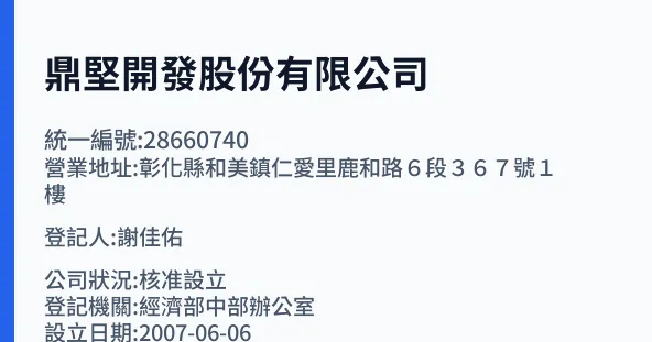 鼎堅開發股份有限公司的照片-統編 28660740(彰化縣) 公司登記資料與營業項目詳細圖表