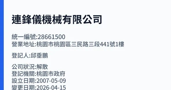 連鋒儀機械有限公司的照片-統編 28661500(桃園市) 公司登記資料與營業項目詳細圖表