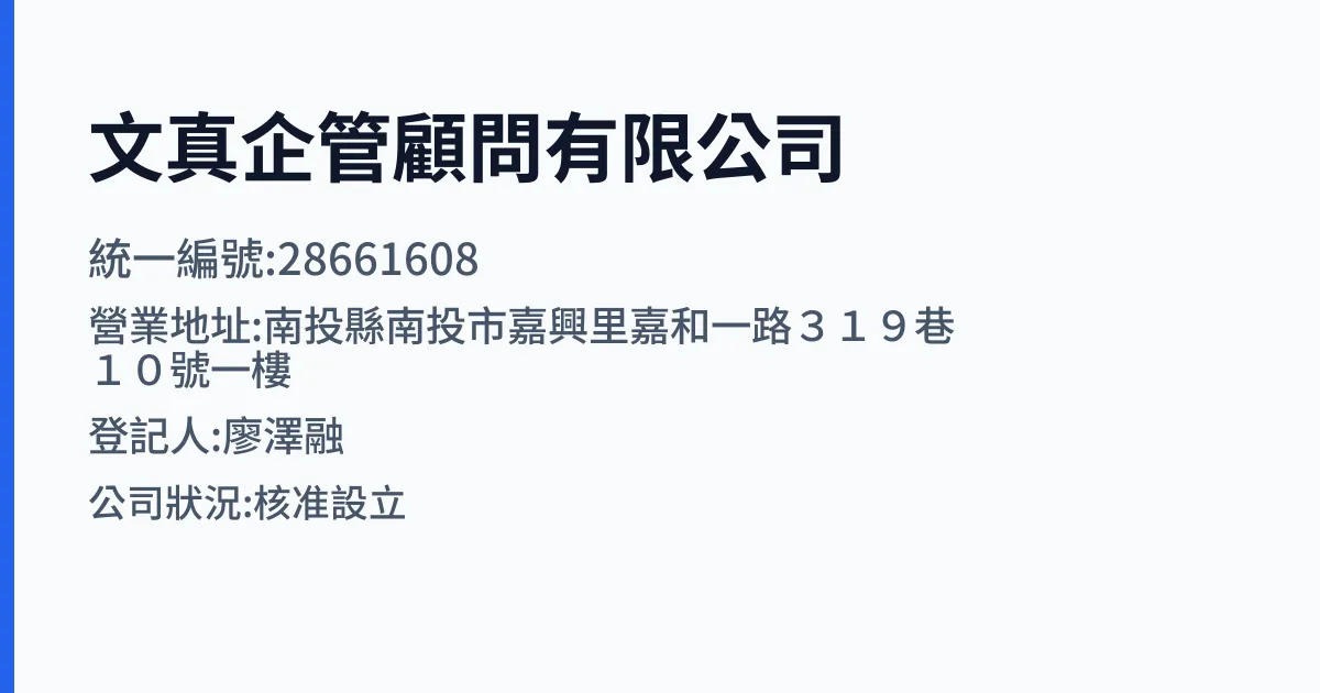 文真企管顧問有限公司 - 統編 28661608(南投縣) 公司登記資料與營業項目詳細圖表