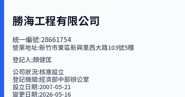 勝海工程有限公司的照片-統編 28661754(新竹市) 公司登記資料與營業項目詳細圖表