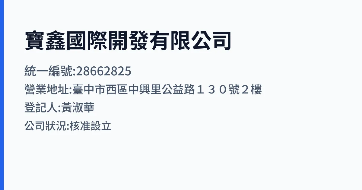 寶鑫國際開發有限公司 - 統編 28662825(臺中市) 公司登記資料與營業項目詳細圖表