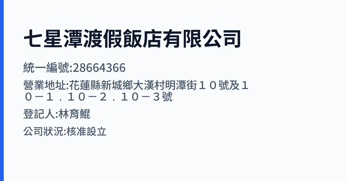 七星潭渡假飯店有限公司 - 統編 28664366(花蓮縣) 公司登記資料與營業項目詳細圖表