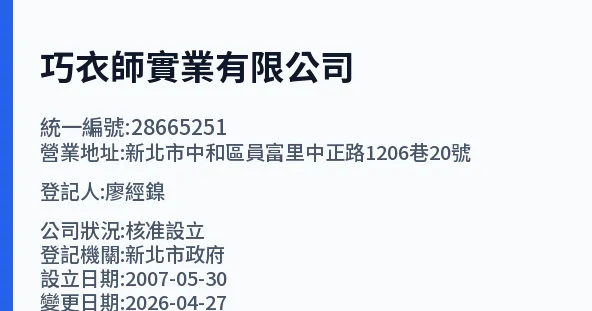 巧衣師實業有限公司的照片-統編 28665251(新北市) 公司登記資料與營業項目詳細圖表