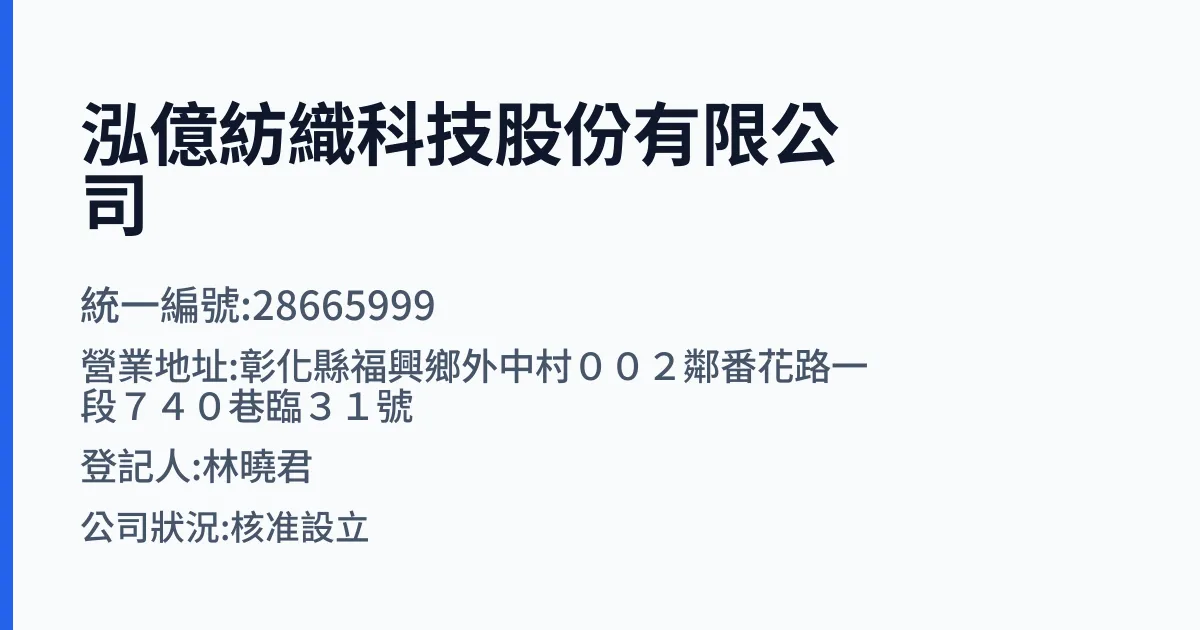 泓億紡織科技股份有限公司 - 統編 28665999(彰化縣) 公司登記資料與營業項目詳細圖表