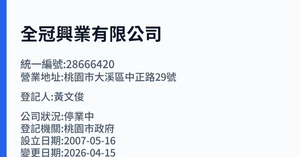 全冠興業有限公司的照片-統編 28666420(桃園市) 公司登記資料與營業項目詳細圖表