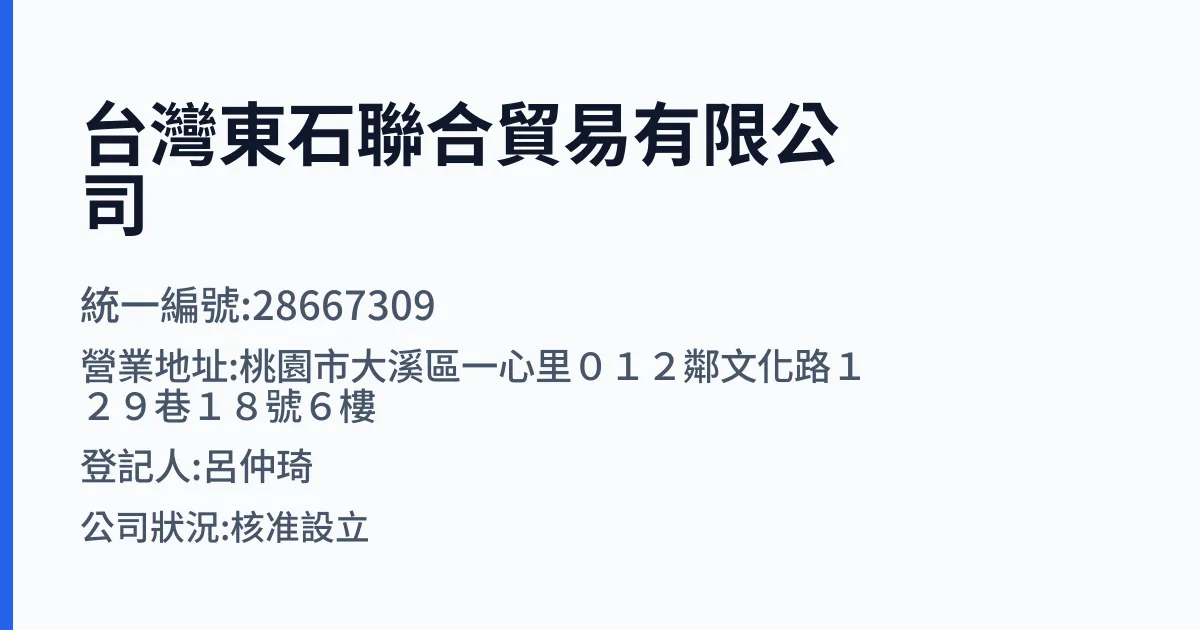 台灣東石聯合貿易有限公司 - 統編 28667309(桃園市) 公司登記資料與營業項目詳細圖表