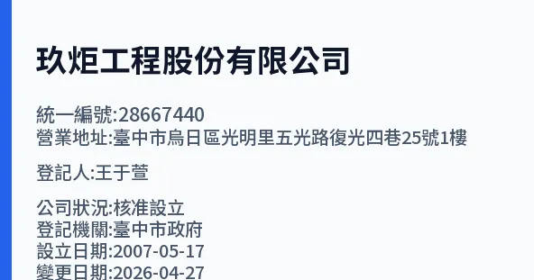 玖炬工程股份有限公司的照片-統編 28667440(臺中市) 公司登記資料與營業項目詳細圖表