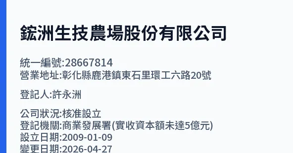鋐洲生技農場股份有限公司的照片-統編 28667814(彰化縣) 公司登記資料與營業項目詳細圖表