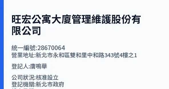 旺宏公寓大廈管理維護股份有限公司的照片-統編 28670064(新北市) 公司登記資料與營業項目詳細圖表