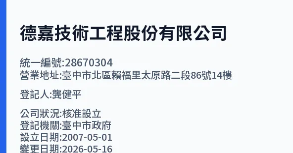 德嘉技術工程股份有限公司的照片-統編 28670304(臺中市) 公司登記資料與營業項目詳細圖表