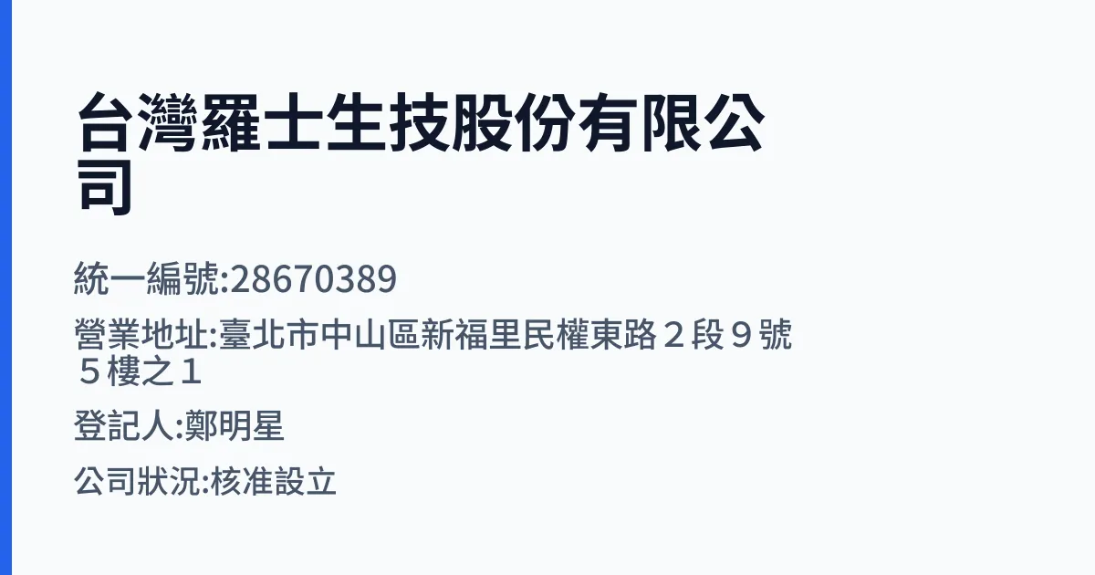 台灣羅士生技股份有限公司 - 統編 28670389(臺北市) 公司登記資料與營業項目詳細圖表