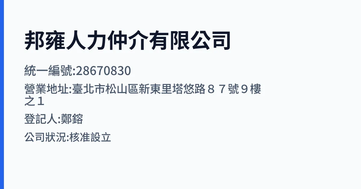 邦雍人力仲介有限公司 - 統編 28670830(臺北市) 公司登記資料與營業項目詳細圖表