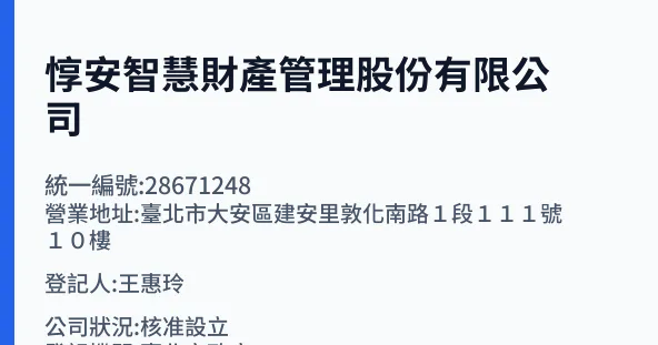 惇安智慧財產管理股份有限公司的照片-統編 28671248(臺北市) 公司登記資料與營業項目詳細圖表