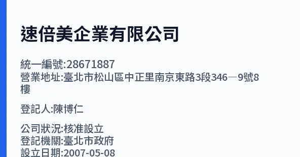 速倍美企業有限公司的照片-統編 28671887(臺北市) 公司登記資料與營業項目詳細圖表