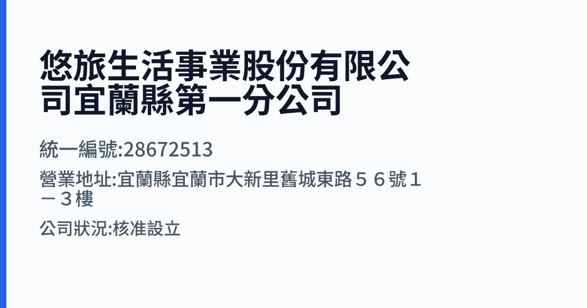 悠旅生活事業股份有限公司宜蘭縣第一分公司 - 統編 28672513(宜蘭縣) 公司登記資料與營業項目詳細圖表
