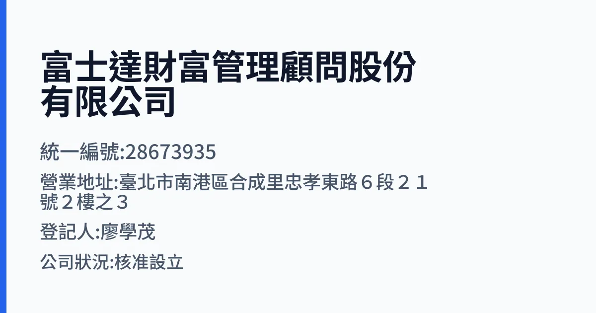 富士達財富管理顧問股份有限公司 - 統編 28673935(臺北市) 公司登記資料與營業項目詳細圖表