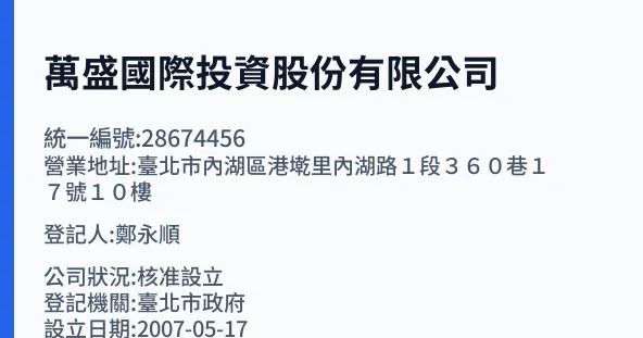 萬盛國際投資股份有限公司的照片-統編 28674456(臺北市) 公司登記資料與營業項目詳細圖表