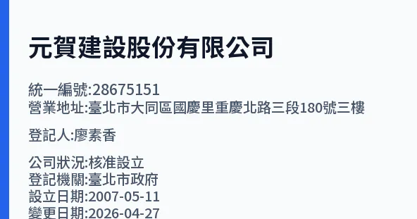 元賀建設股份有限公司的照片-統編 28675151(臺北市) 公司登記資料與營業項目詳細圖表