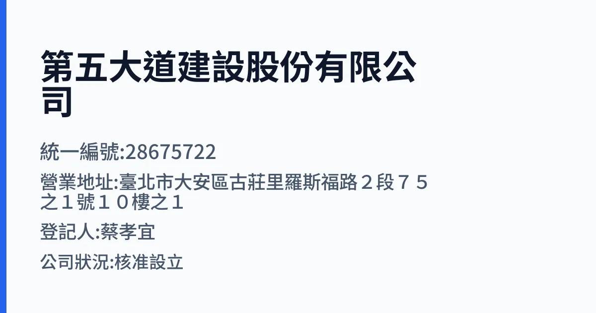 第五大道建設股份有限公司 - 統編 28675722(臺北市) 公司登記資料與營業項目詳細圖表