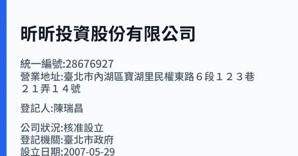 昕昕投資股份有限公司的照片-統編 28676927(臺北市) 公司登記資料與營業項目詳細圖表