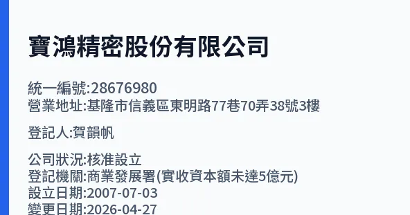 寶鴻精密股份有限公司的照片-統編 28676980(基隆市) 公司登記資料與營業項目詳細圖表