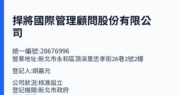 捍將國際管理顧問股份有限公司的照片-統編 28676996(新北市) 公司登記資料與營業項目詳細圖表