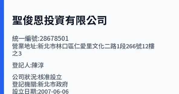 聖俊恩投資有限公司的照片-統編 28678501(新北市) 公司登記資料與營業項目詳細圖表