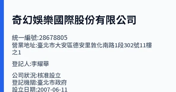 奇幻娛樂國際股份有限公司的照片-統編 28678805(臺北市) 公司登記資料與營業項目詳細圖表